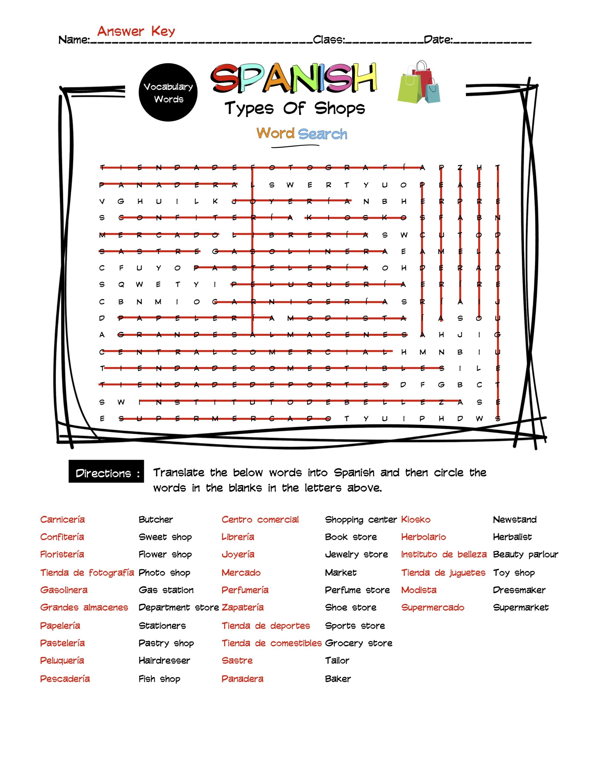Spanish Types Of Shops Vocabulary Word Search & Answer Key | Made By ...
