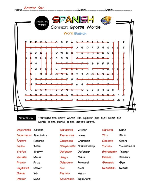 Spanish Sports Words Vocabulary Word Search & Answer Key | Made By Teachers