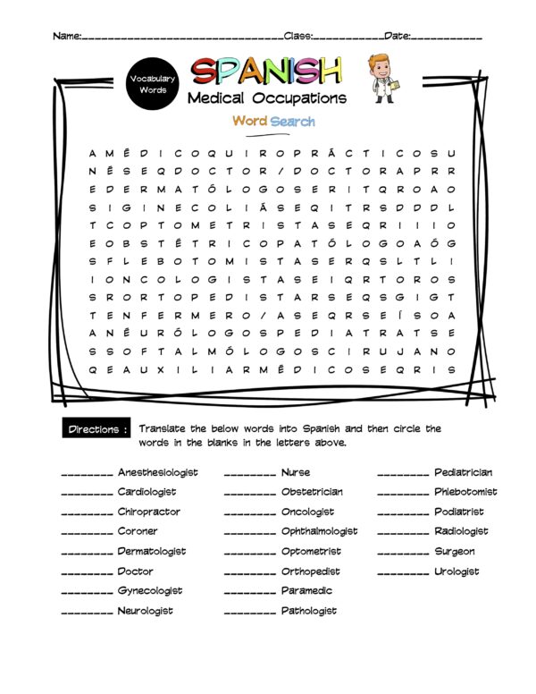 Spanish Medical Occupations Vocabulary Word Search & Answer Key | Made ...