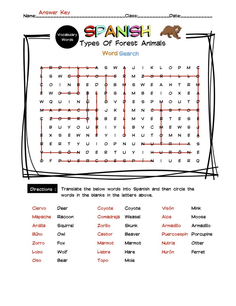 Spanish Forest Animals Vocabulary Word Search & Answer Key | Made By ...