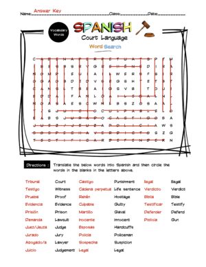 Spanish Court Language Vocabulary Word Search & Answer Key | Made By ...