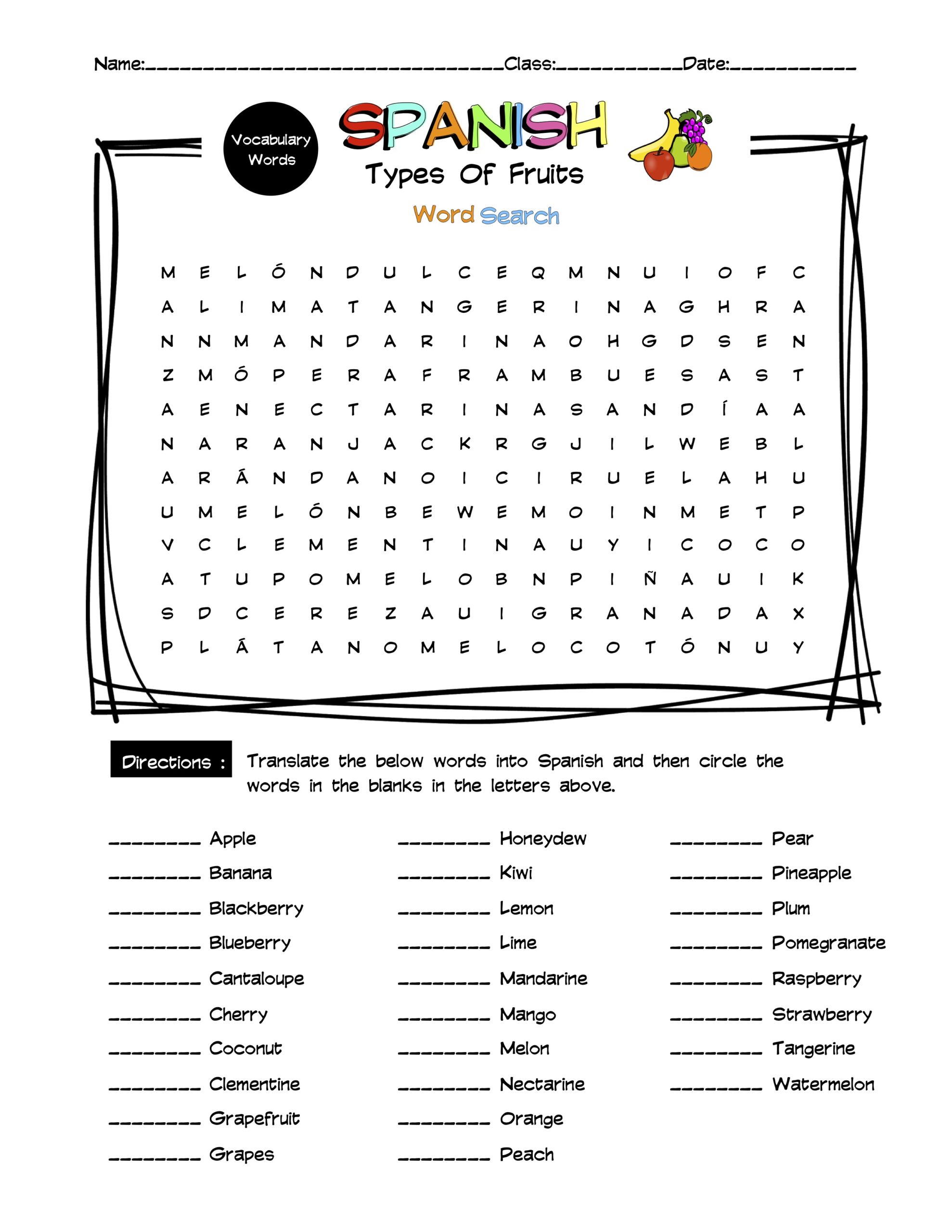 Spanish Fruits Vocabulary Word Search Answer Key Made By Teachers Spanish Fruits Vocabulary Word Search Answer Key Made By Teachers