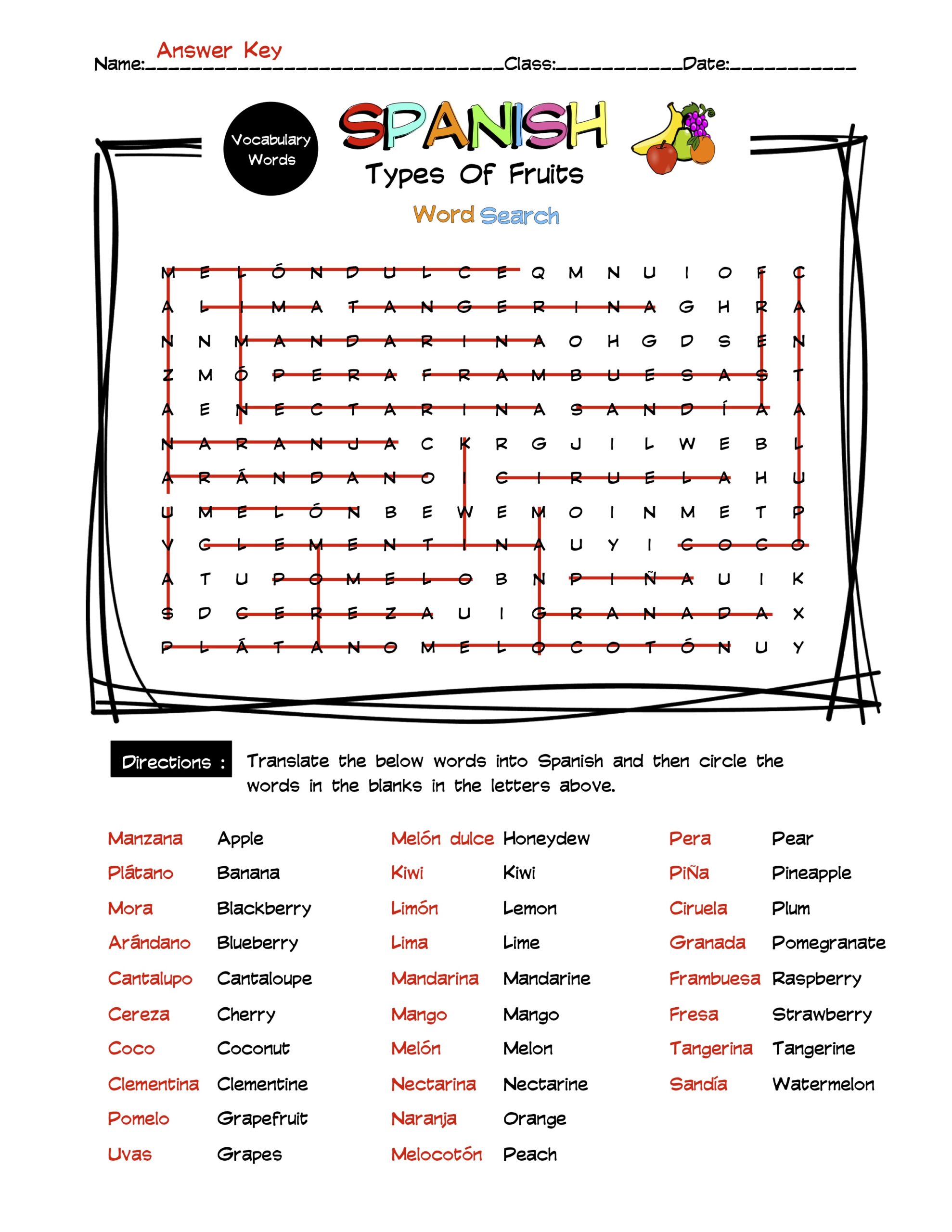 Spanish Fruits Vocabulary Word Search Answer Key Made By Teachers Spanish Fruits Vocabulary Word Search Answer Key Made By Teachers