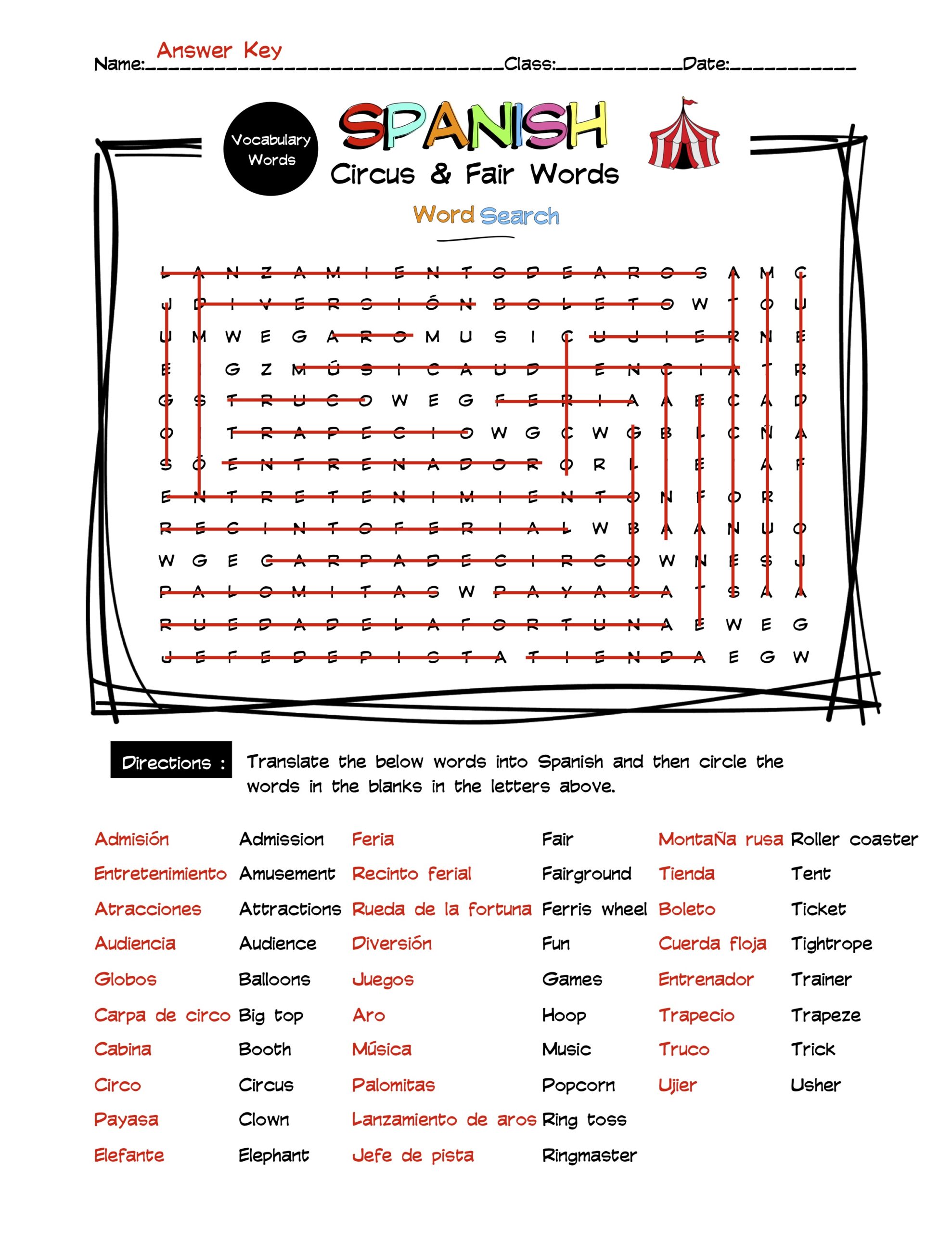 Spanish Circus & Fair Vocabulary Word Search & Answer Key | Made By ...