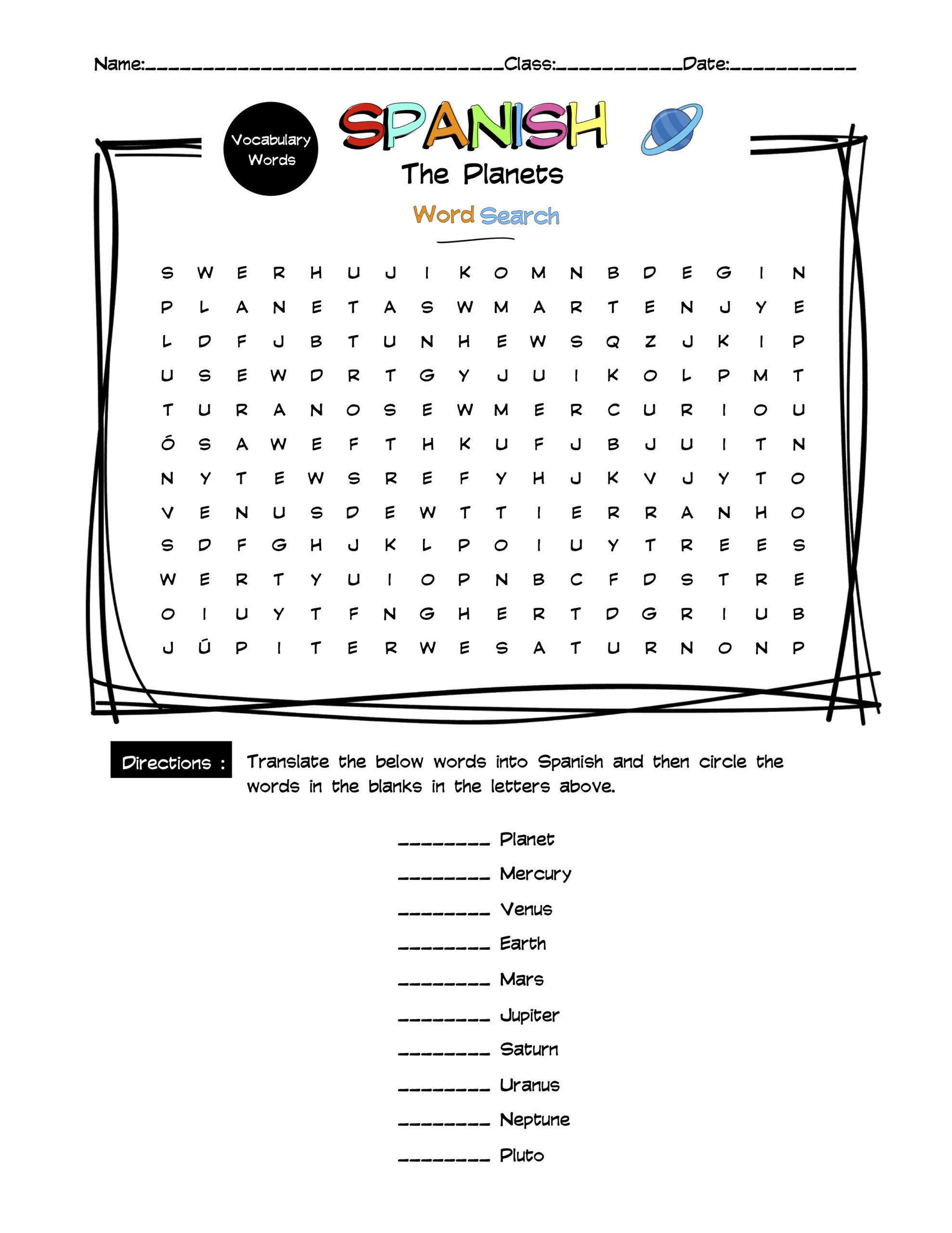 Spanish The Planets Vocabulary Word Search Answer Key Made By Teachers