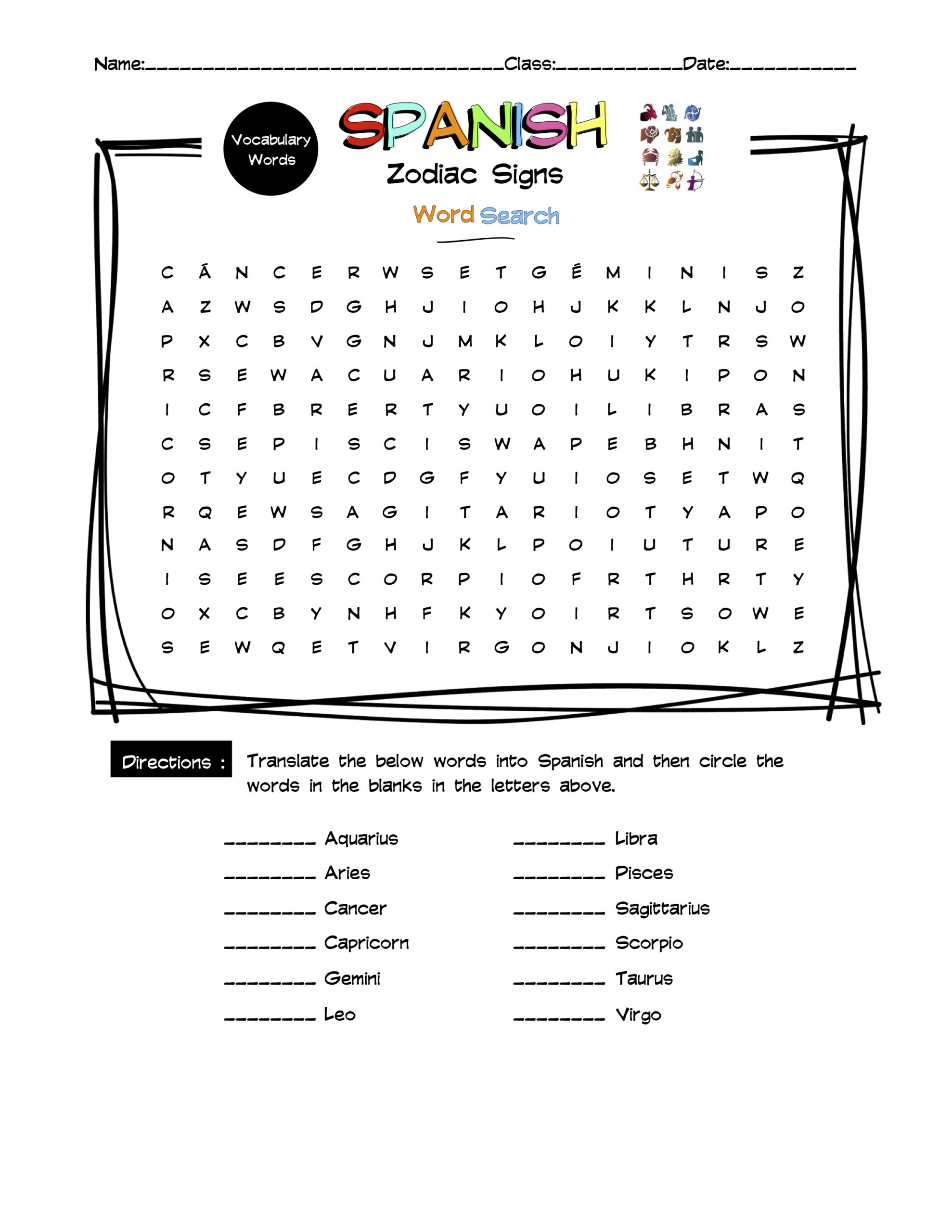 Spanish Zodiac Signs Vocabulary Word Search & Answer Key | Made By Teachers