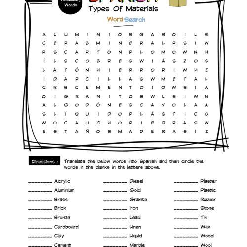Spanish Types Of Materials Vocabulary Word Search & Answer Key | Made ...