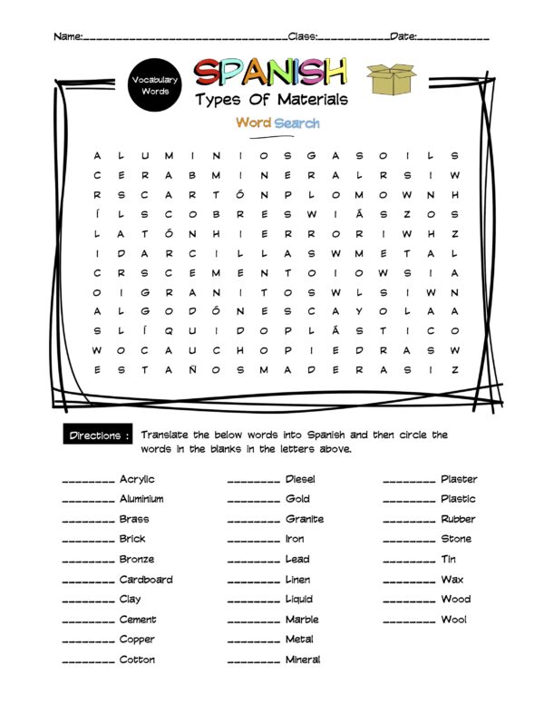 Spanish Types Of Materials Vocabulary Word Search & Answer Key | Made ...