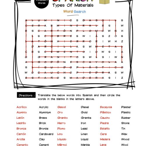Spanish Types Of Materials Vocabulary Word Search & Answer Key | Made ...