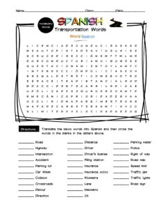 Spanish Transportation Vocabulary Word Search & Answer Key - Made By ...