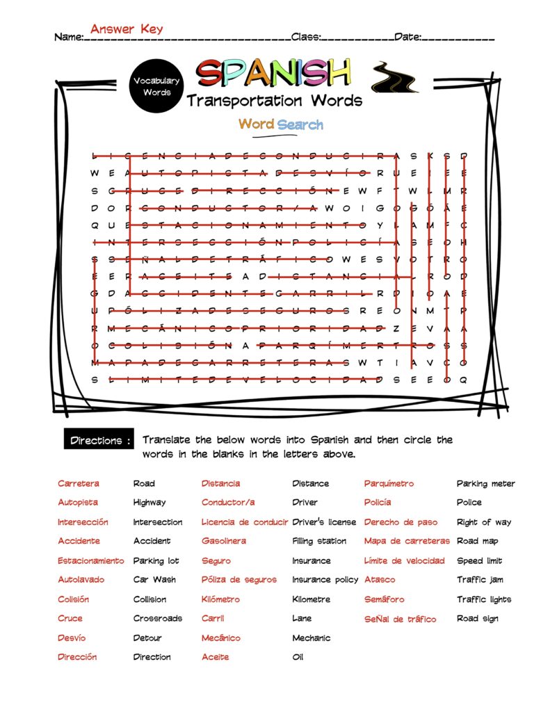 Spanish Transportation Vocabulary Word Search & Answer Key | Made By ...