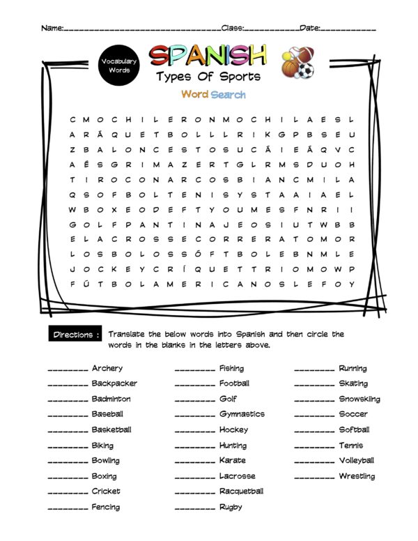 Spanish Types Of Sports Vocabulary Word Search & Answer Key | Made By ...