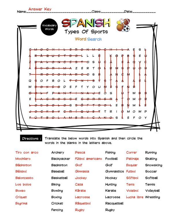 Spanish Types Of Sports Vocabulary Word Search & Answer Key | Made By ...