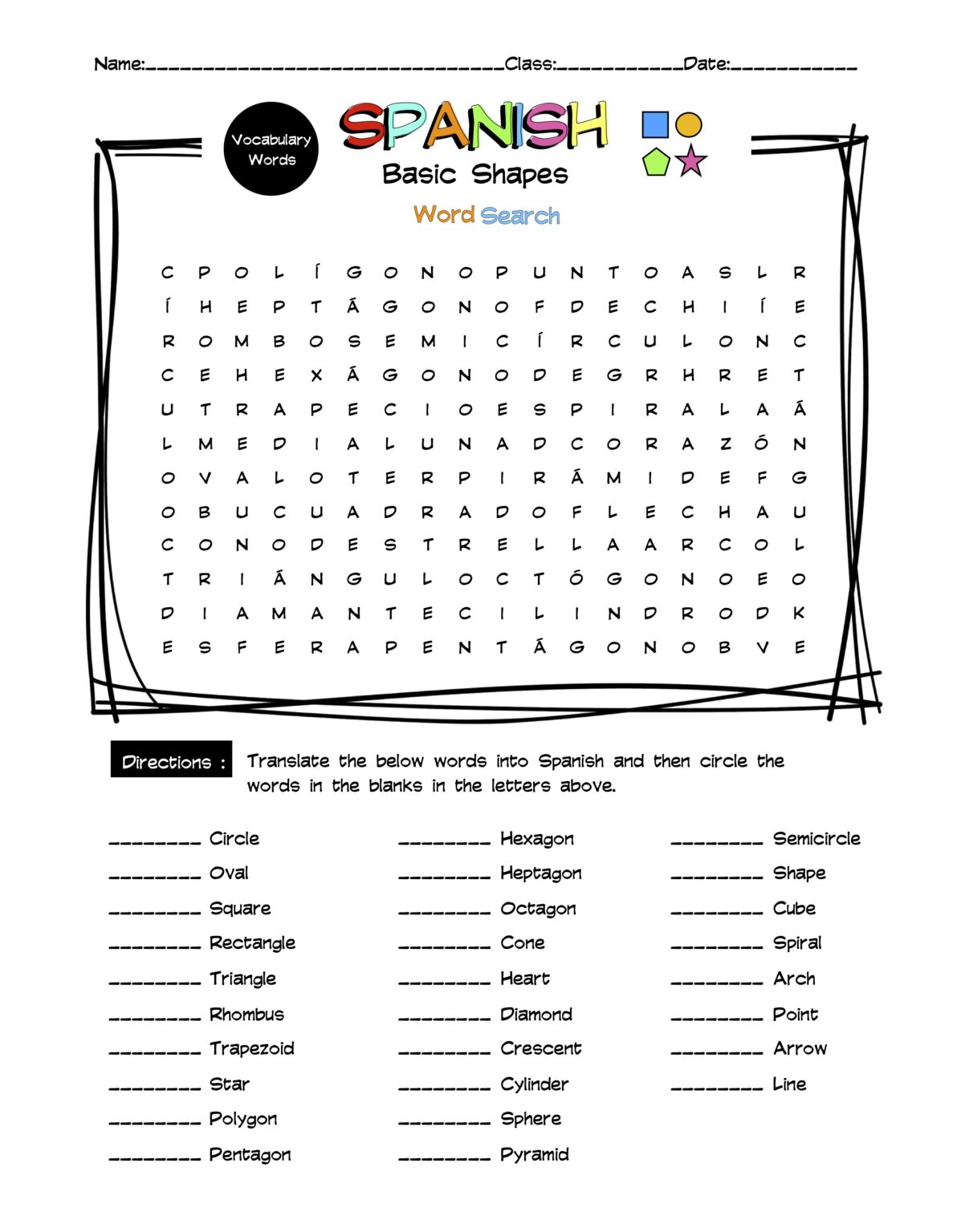 Spanish Shapes Vocabulary Word Search & Answer Key | Made By Teachers