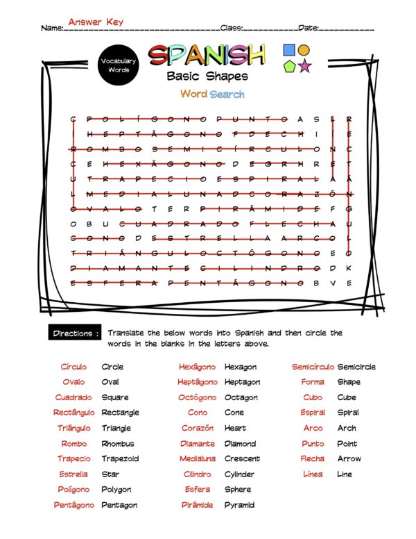 Spanish Shapes Vocabulary Word Search & Answer Key | Made By Teachers