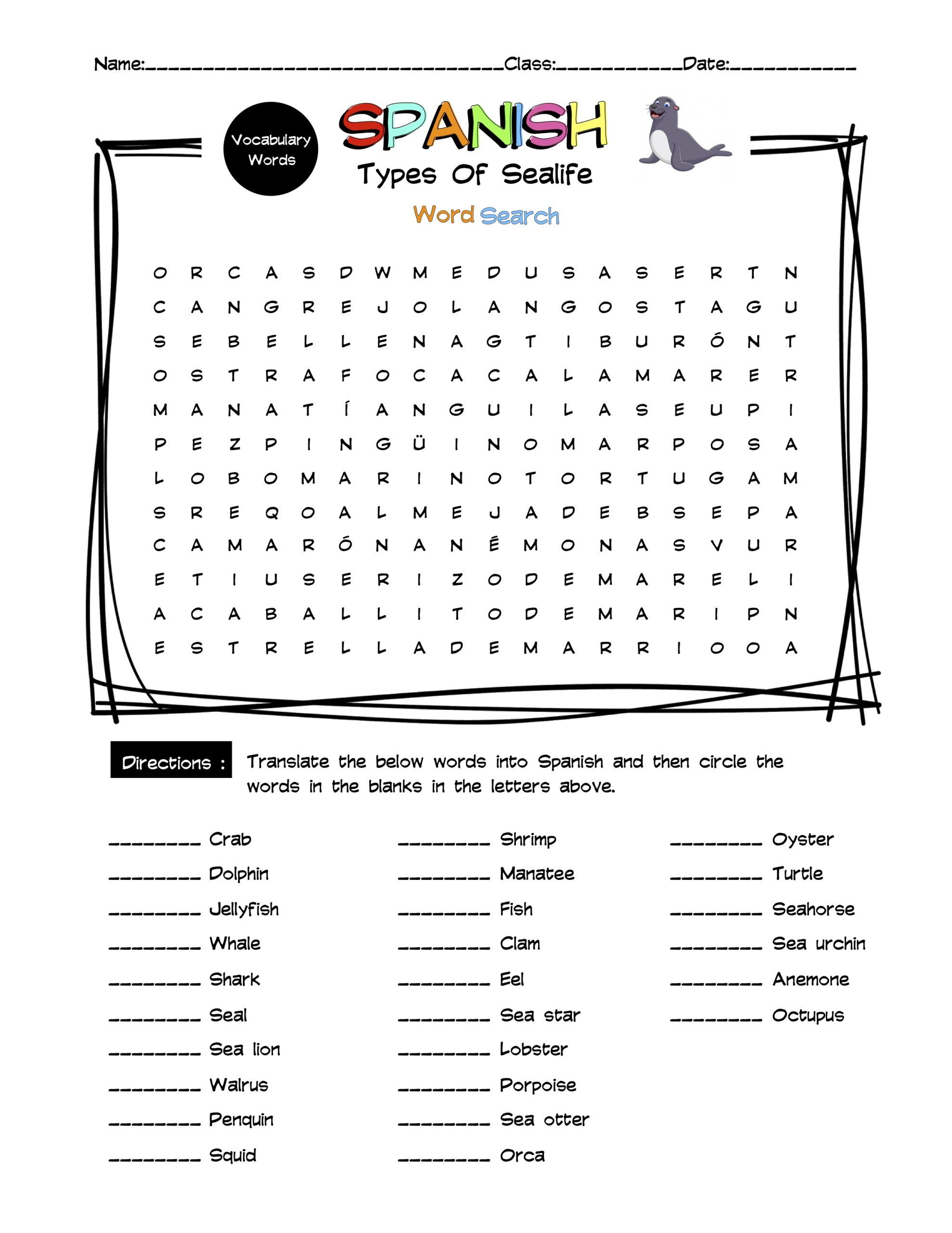 Spanish Sealife Vocabulary Word Search & Answer Key | Made By Teachers