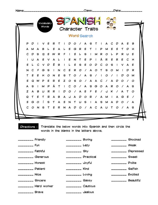 Spanish Character Traits Vocabulary Word List Column Worksheet | Made ...