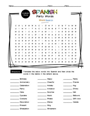 Spanish Party Vocabulary Word Search & Answer Key | Made By Teachers