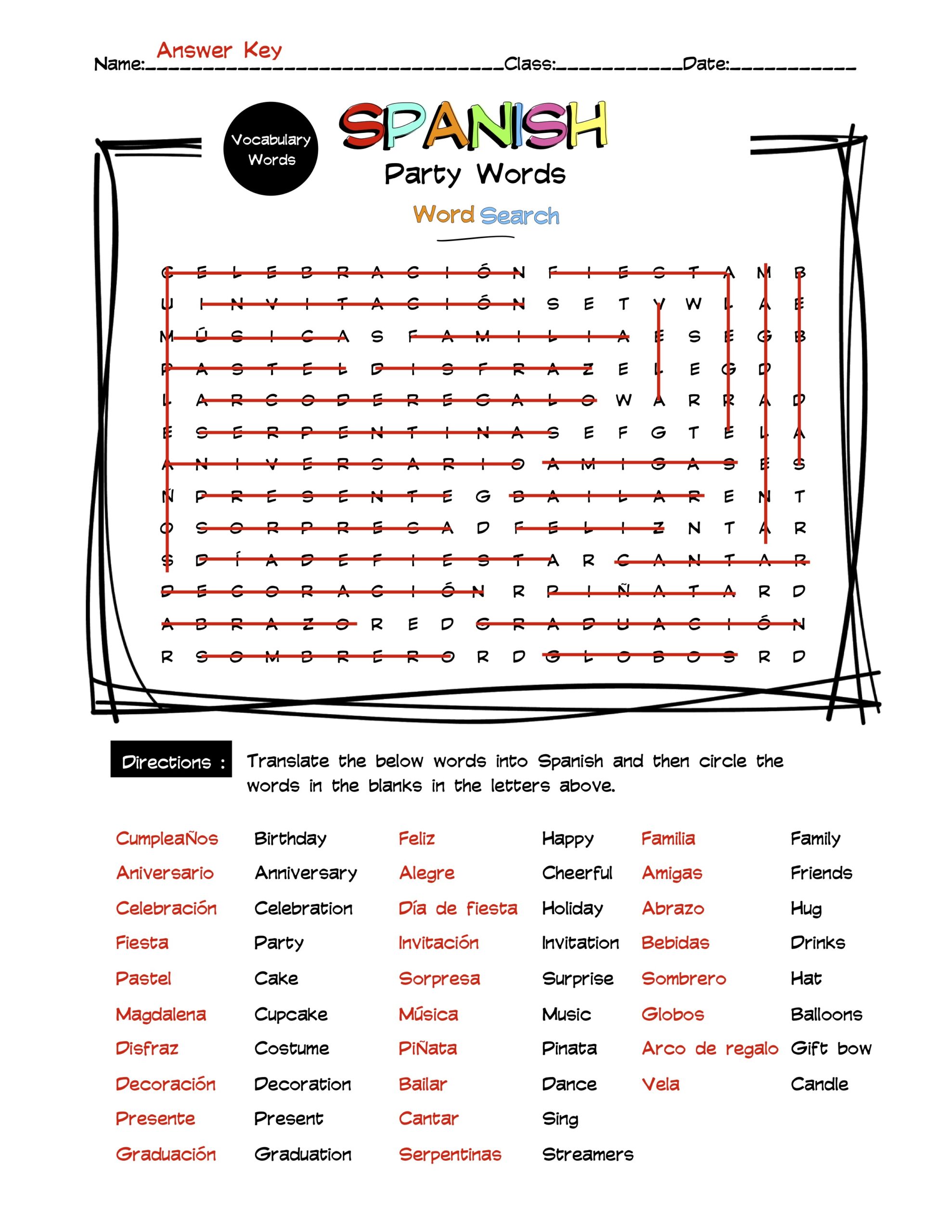 Spanish Party Vocabulary Word Search & Answer Key | Made By Teachers