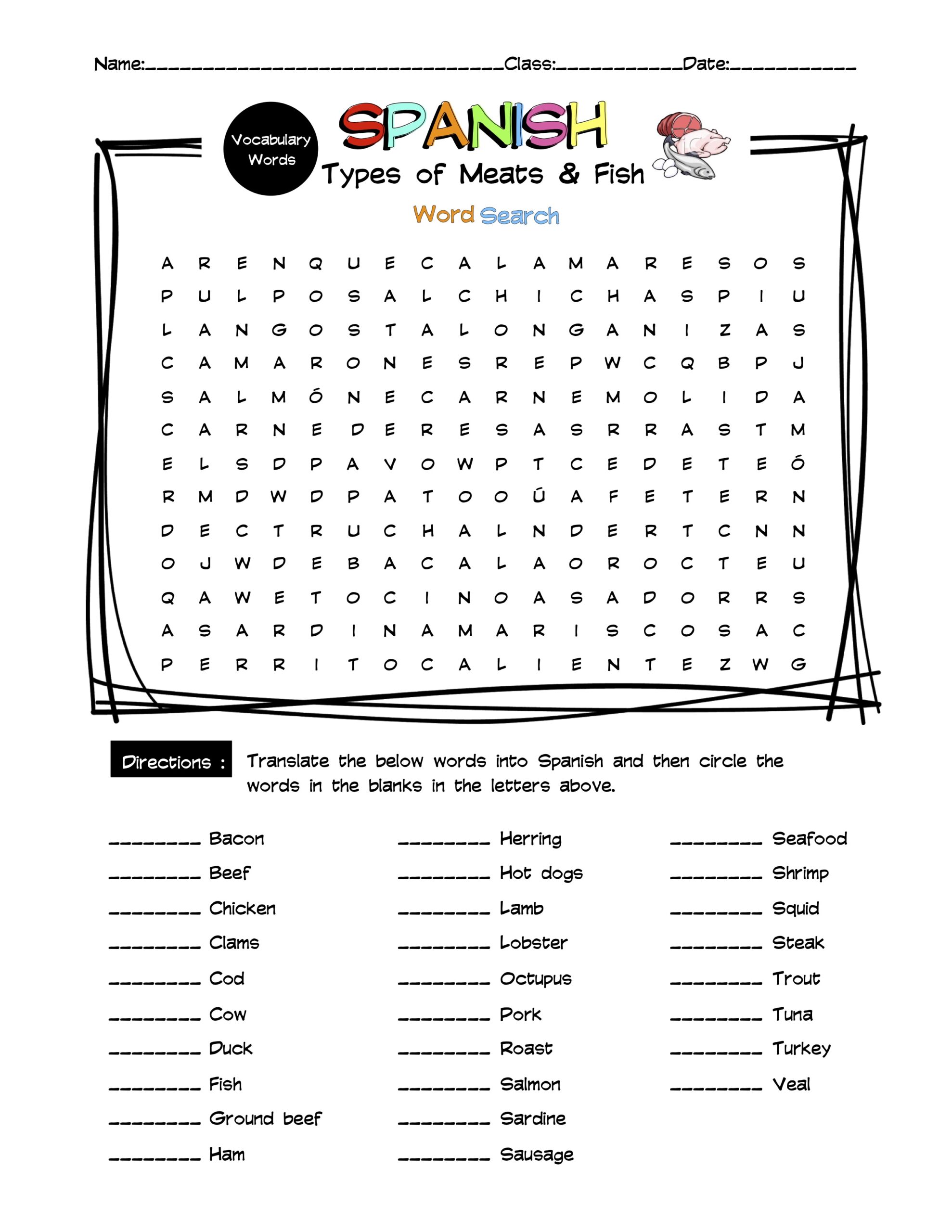 Spanish Meats & Fish Vocabulary Word Search & Answer Key | Made By Teachers