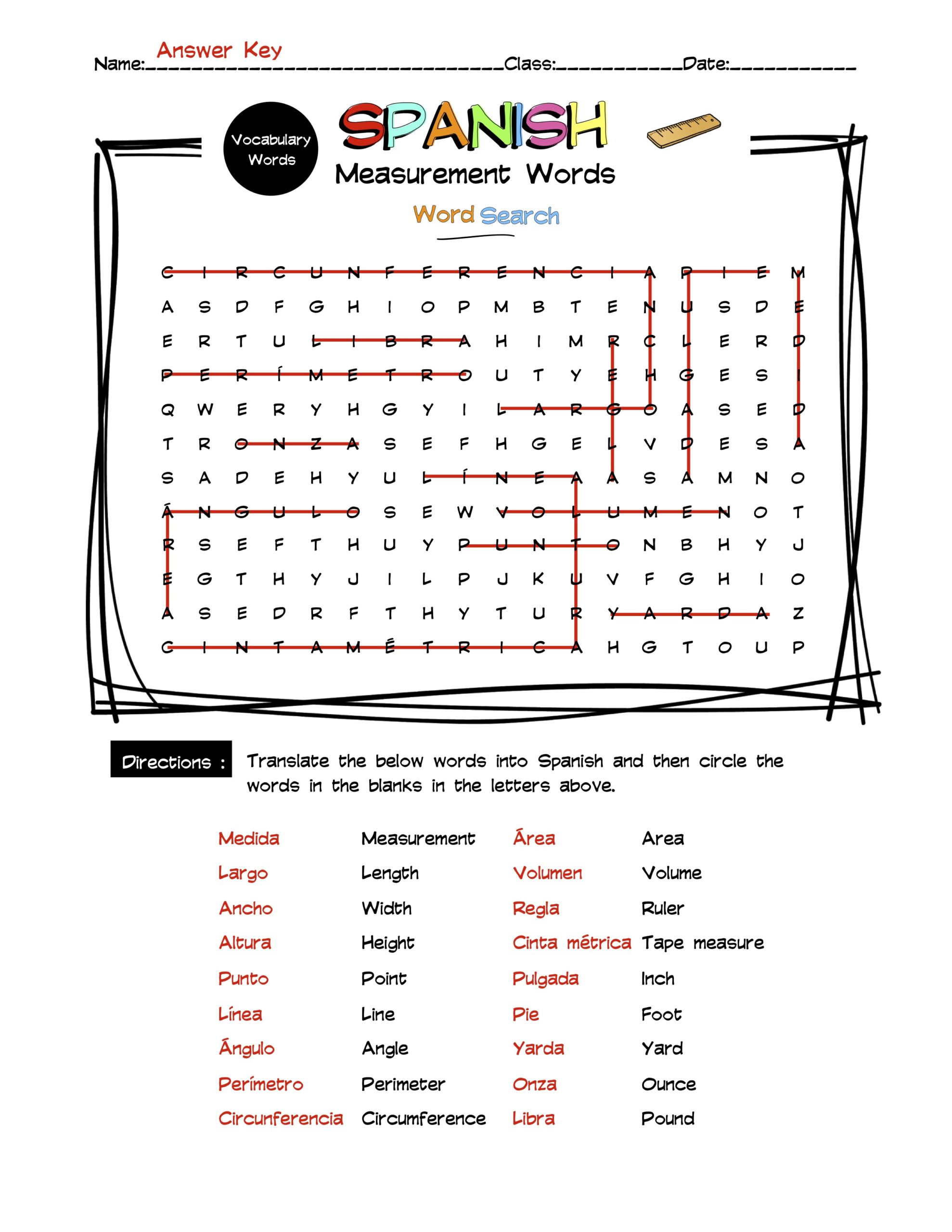Spanish Measurement Vocabulary Word Search & Answer Key | Made By Teachers