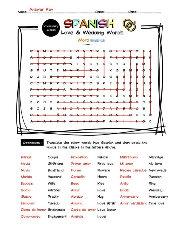 Spanish Love & Wedding Vocabulary Word Search & Answer Key | Made By ...
