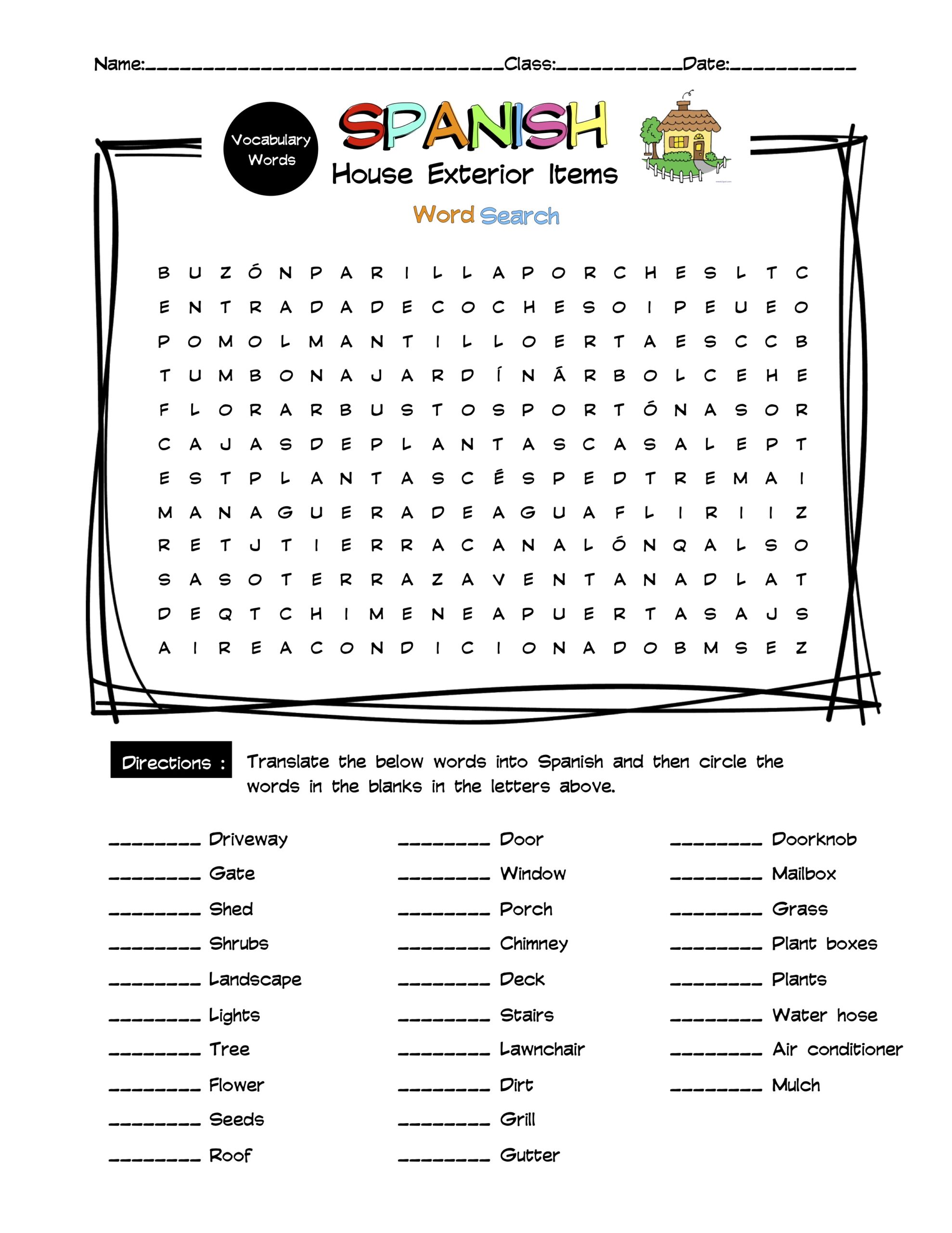 Spanish Home Exteriors Vocabulary Word Search & Answer Key | Made By ...