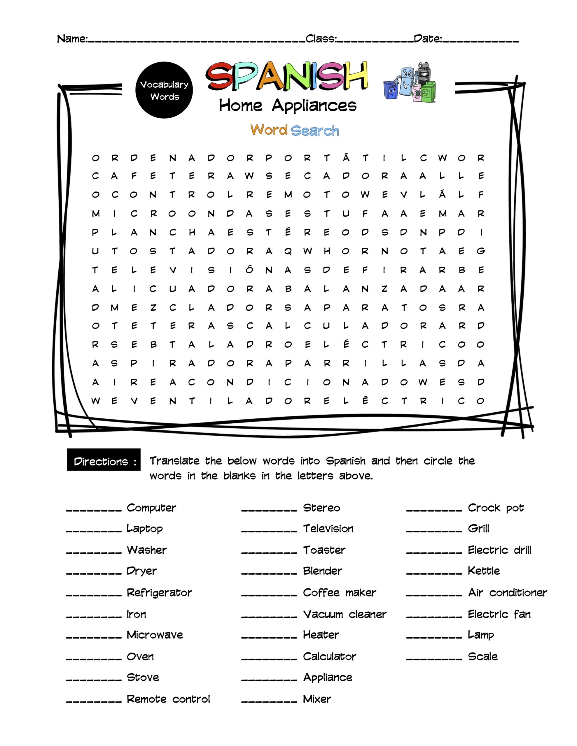 Spanish Home Appliances Vocabulary Word Search & Answer Key | Made By ...