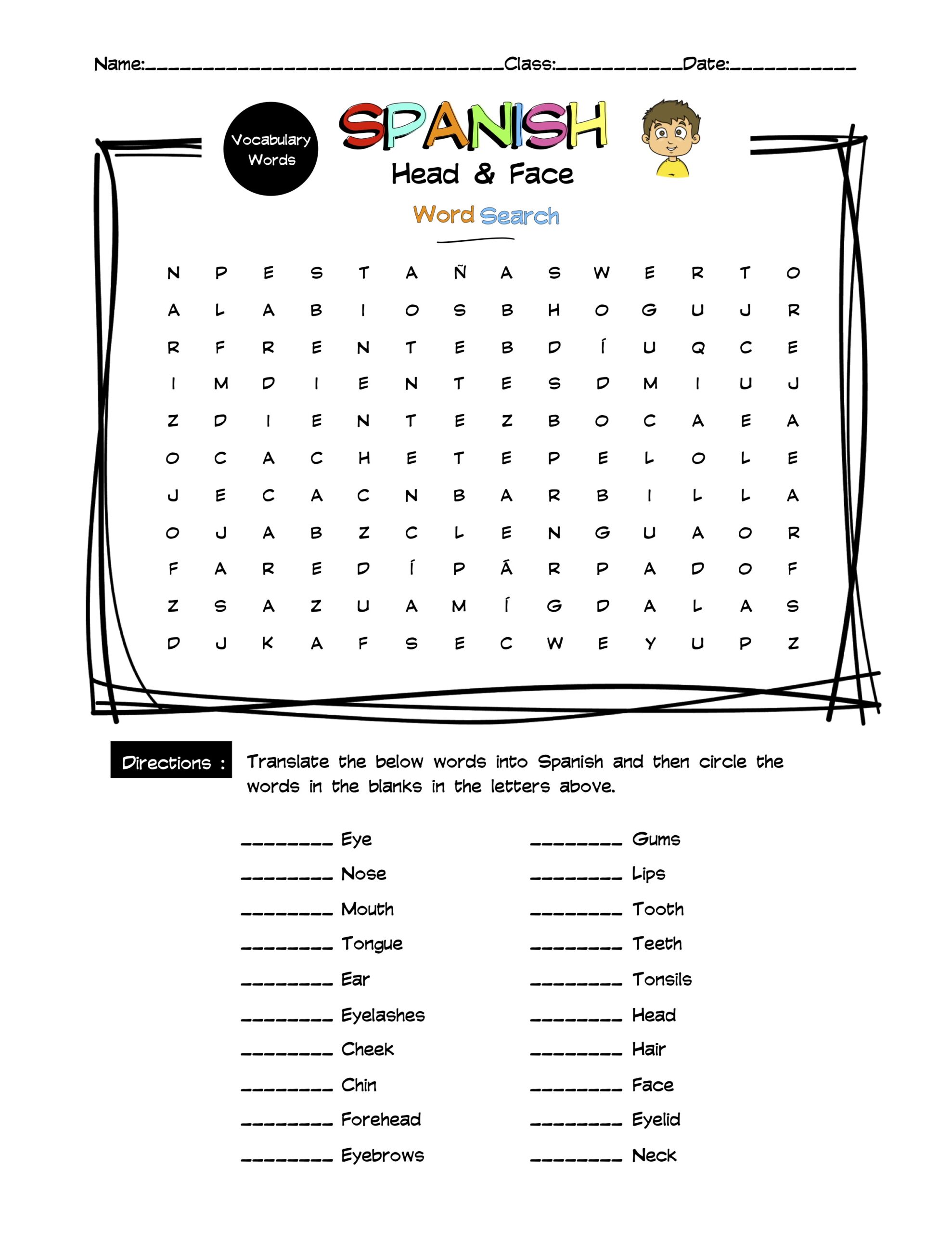 Spanish Head & Face Vocabulary Word Search & Answer Key | Made By Teachers