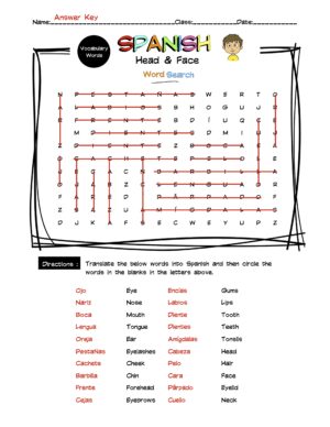 Spanish Head & Face Vocabulary Word Search & Answer Key | Made By Teachers