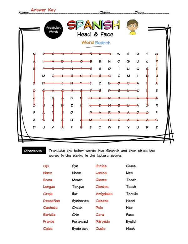 Spanish Head & Face Vocabulary Word Search & Answer Key | Made By Teachers