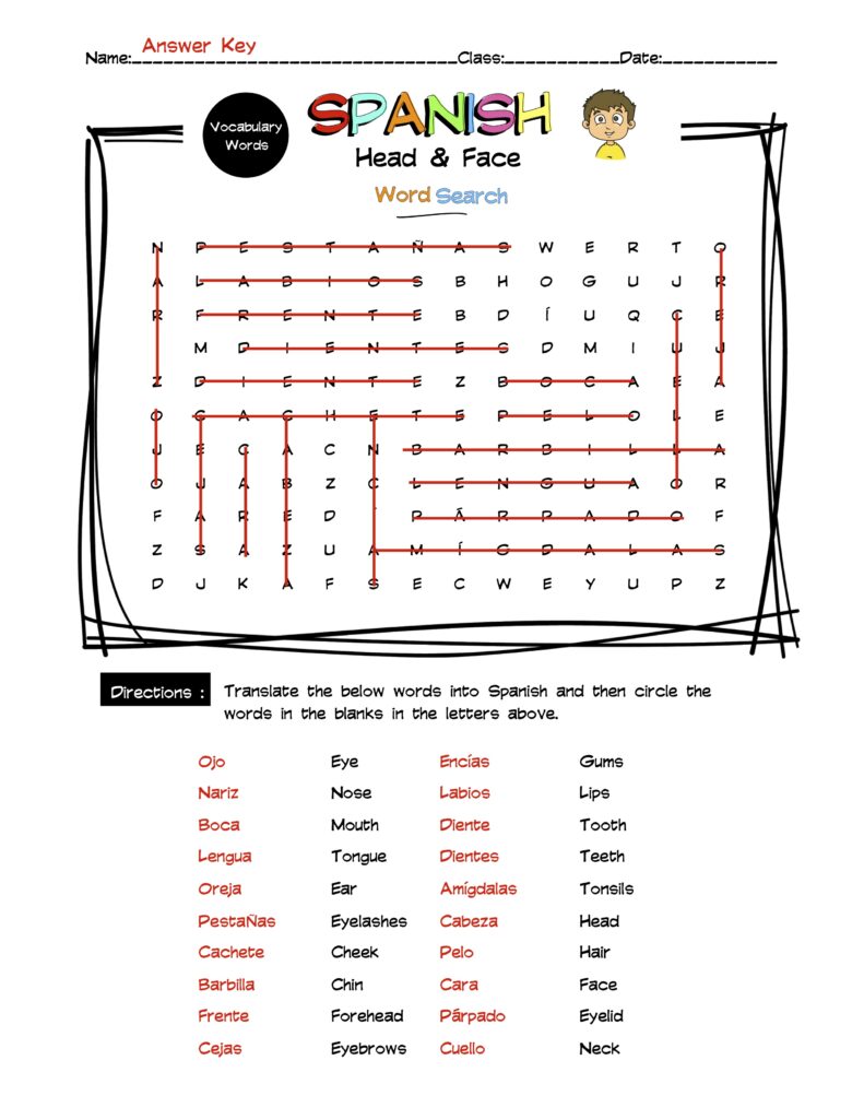 Spanish Head & Face Vocabulary Word Search & Answer Key | Made By Teachers