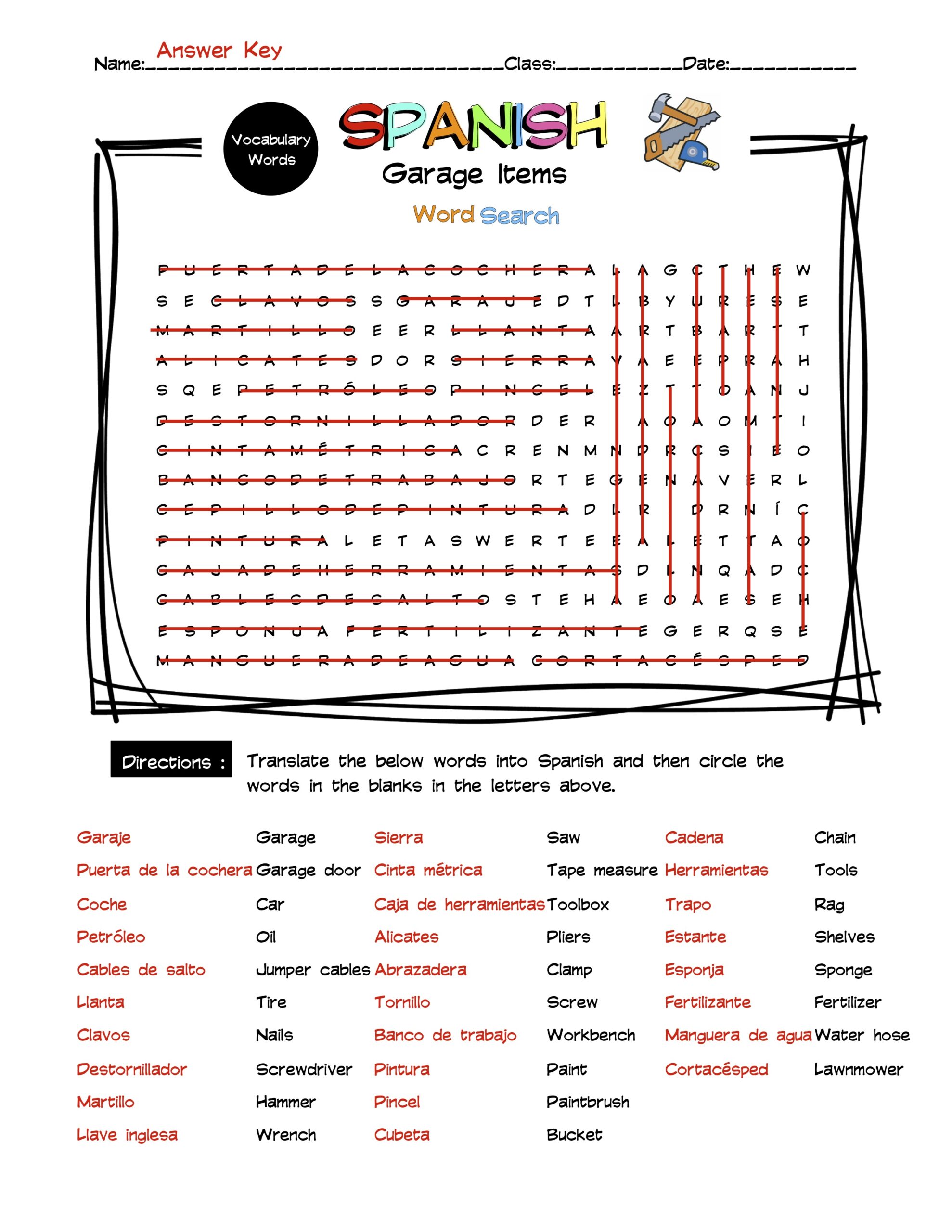 Spanish Garage Items Vocabulary Word Search & Answer Key | Made By Teachers
