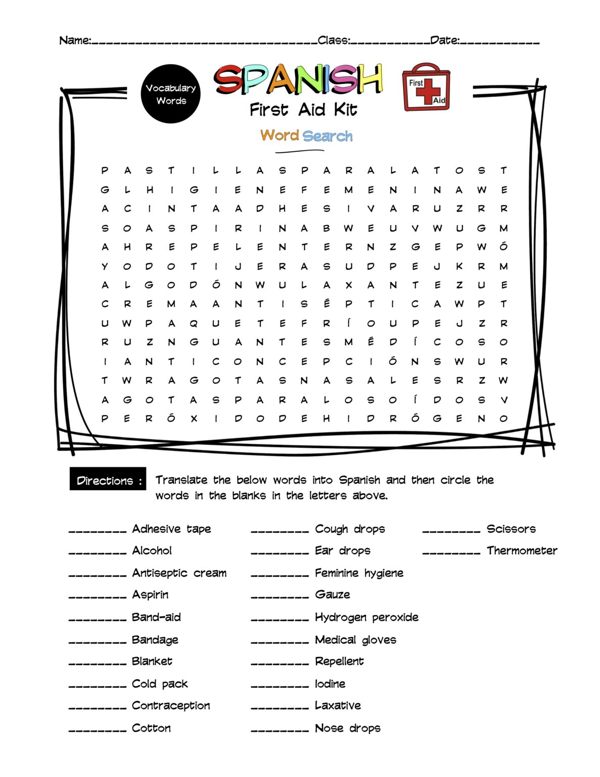 Spanish First Aid Kit Vocabulary Word Search & Answer Key | Made By ...