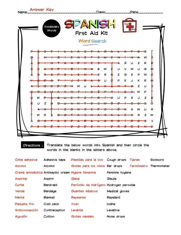Spanish First Aid Kit Vocabulary Word Search & Answer Key | Made By ...