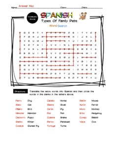 Spanish Family Pets Vocabulary Word Search & Answer Key | Made By Teachers