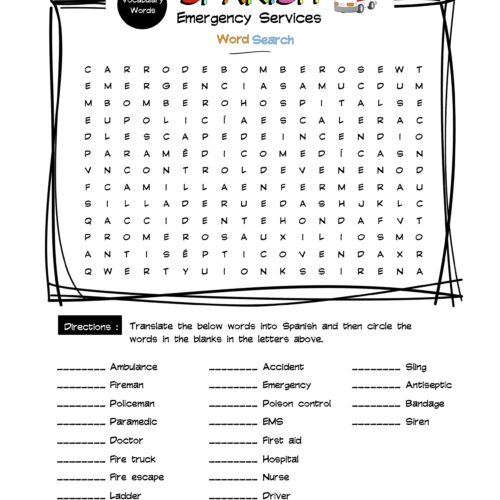 Spanish Emergency Services Vocabulary Word Search & Answer Key | Made ...