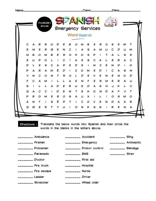 Spanish Emergency Services Vocabulary Word Search & Answer Key | Made ...