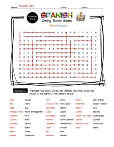 Spanish Dining Rooms Vocabulary Word Search & Answer Key | Made By Teachers