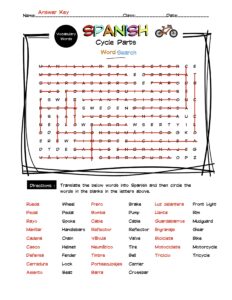 Spanish Cycle Parts Vocabulary Word Search & Answer Key | Made By Teachers