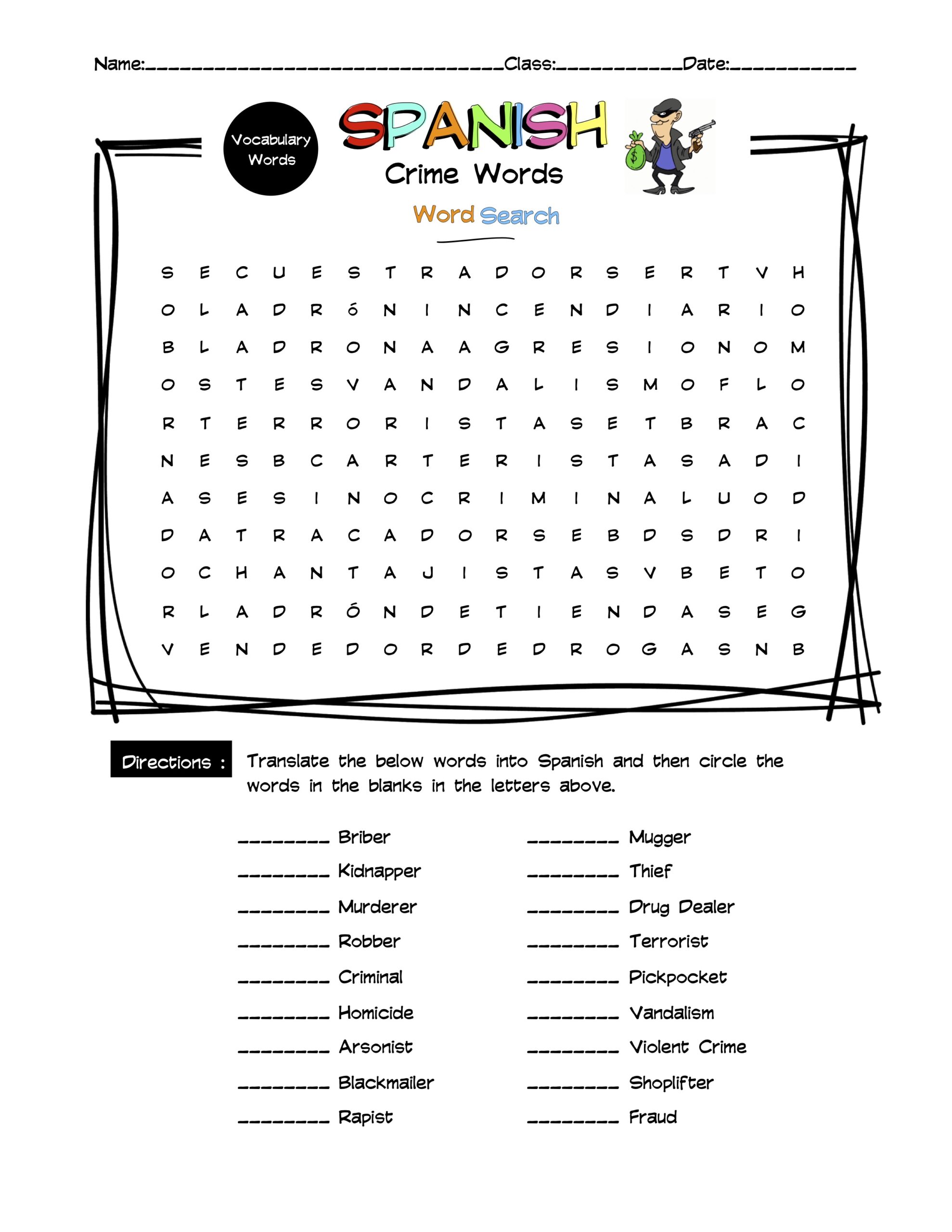 Spanish Crime Vocabulary Word Search & Answer Key | Made By Teachers