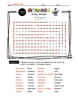 Spanish Crime Vocabulary Word Search & Answer Key | Made By Teachers