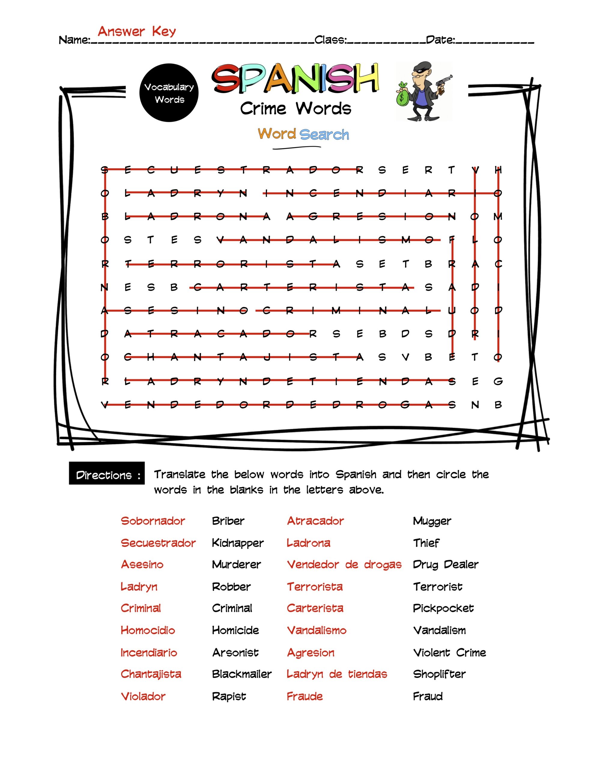 Spanish Crime Vocabulary Word Search & Answer Key | Made By Teachers