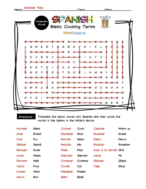 Spanish Cooking Terms Vocabulary Word Search & Answer Key - Made By ...