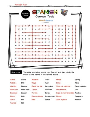 Spanish Common Tools Vocabulary Word Search & Answer Key | Made By Teachers