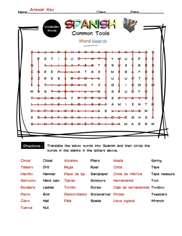 Spanish Common Tools Vocabulary Word Search & Answer Key | Made By Teachers