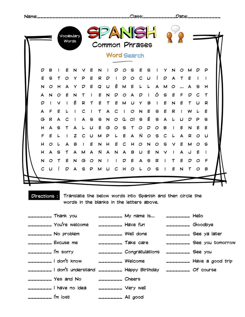 Spanish Common Phrases Vocabulary Matching Worksheet & Answer Key ...