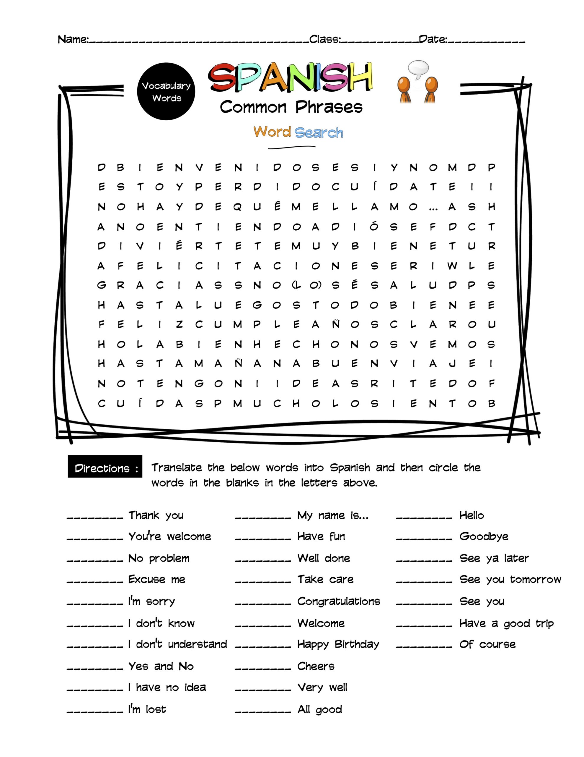 Spanish Common Phrases Vocabulary Word Search Answer Key Made By