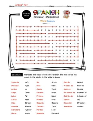 Spanish Common Directions Vocabulary Word Search & Answer Key | Made By ...