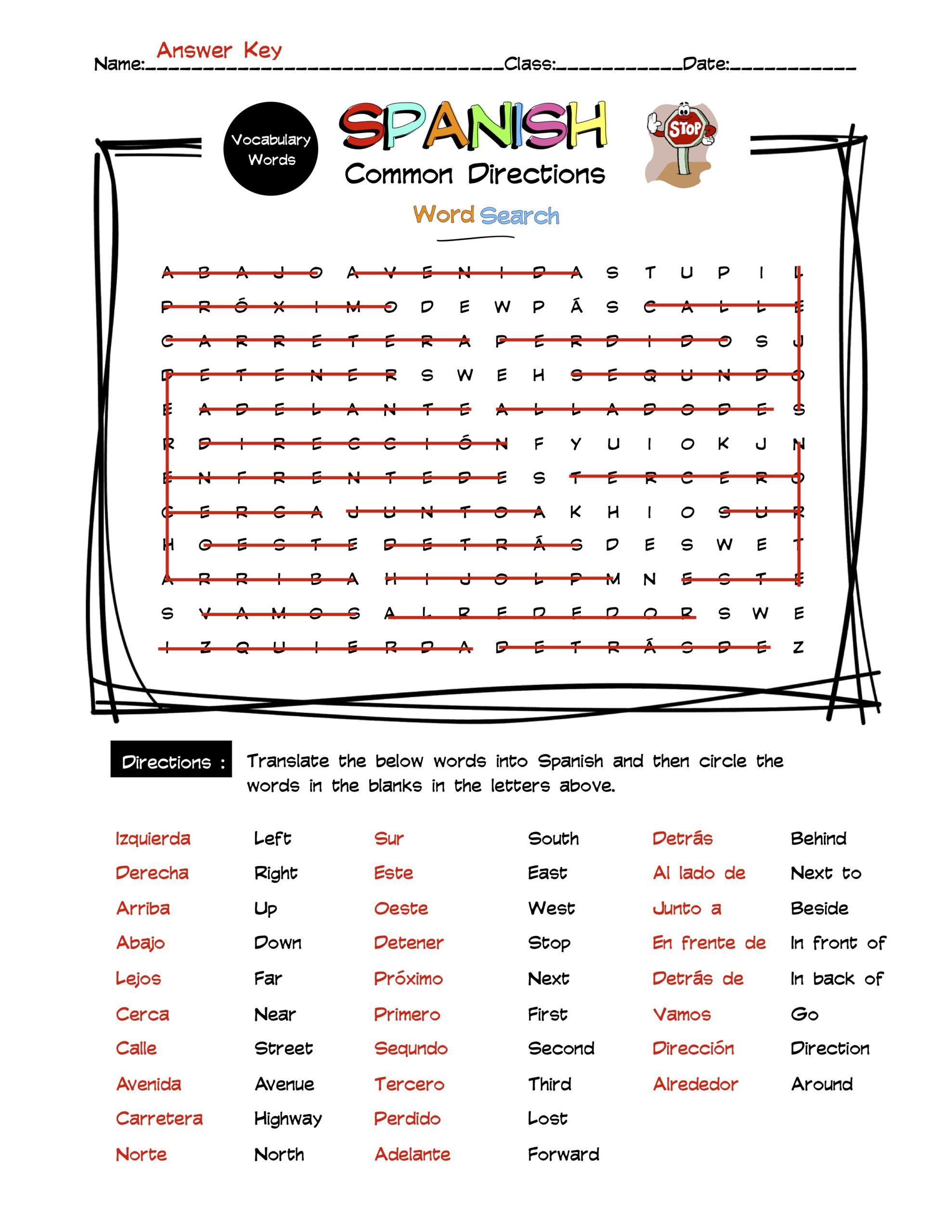 Spanish Common Directions Vocabulary Word Search & Answer Key | Made By ...